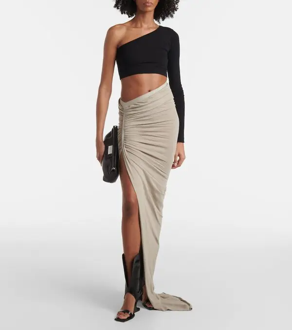 Rick Owens Ruched Cotton Jersey Maxi Skirt