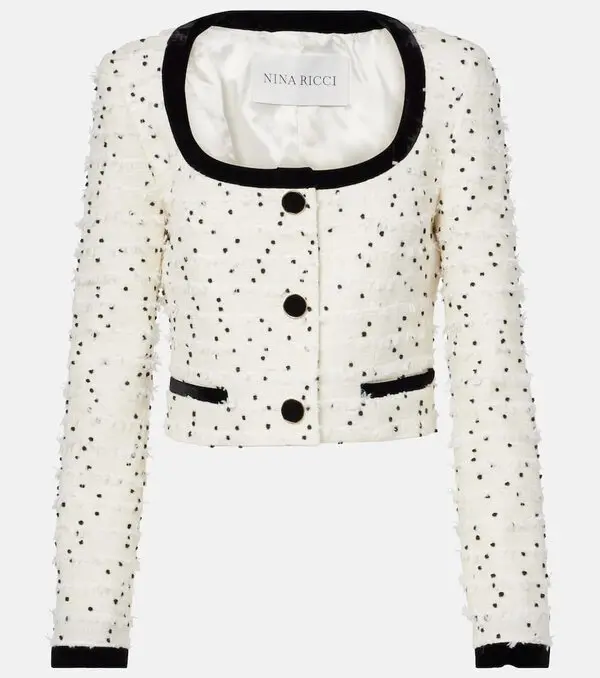 Nina Ricci Polka-dot Fringed Wool-blend Tweed Jacket - White