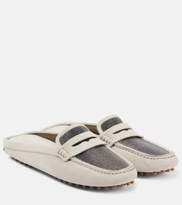 Brunello Cucinelli Monili Suede Driving Mules - Beige