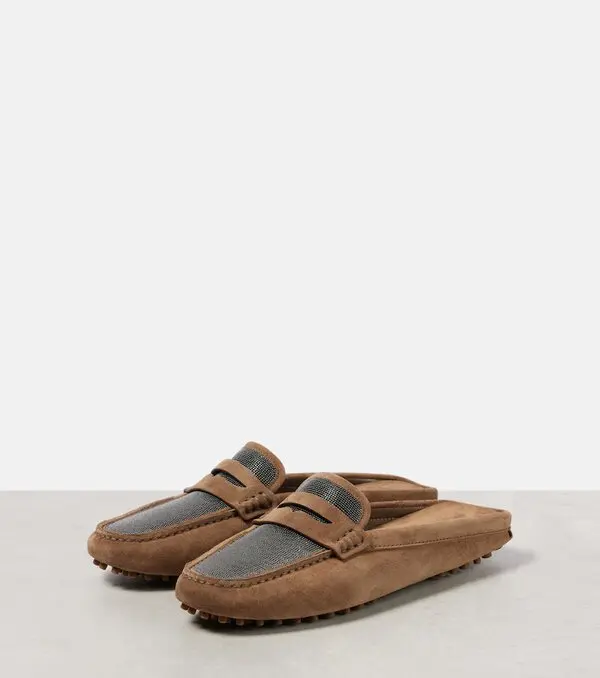 Brunello Cucinelli Monili Suede Driving Mules - Brown