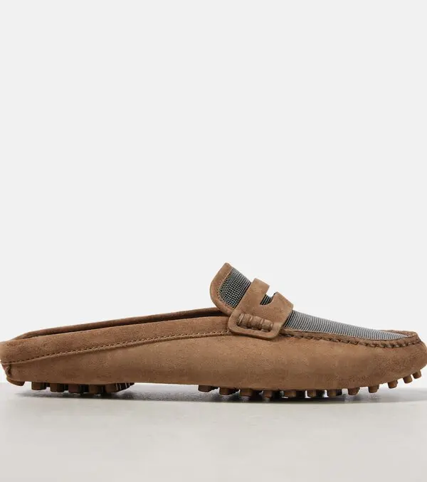 Brunello Cucinelli Monili Suede Driving Mules - Brown