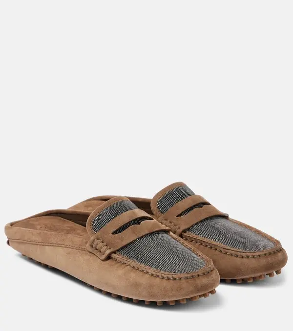Brunello Cucinelli Monili Suede Driving Mules - Brown