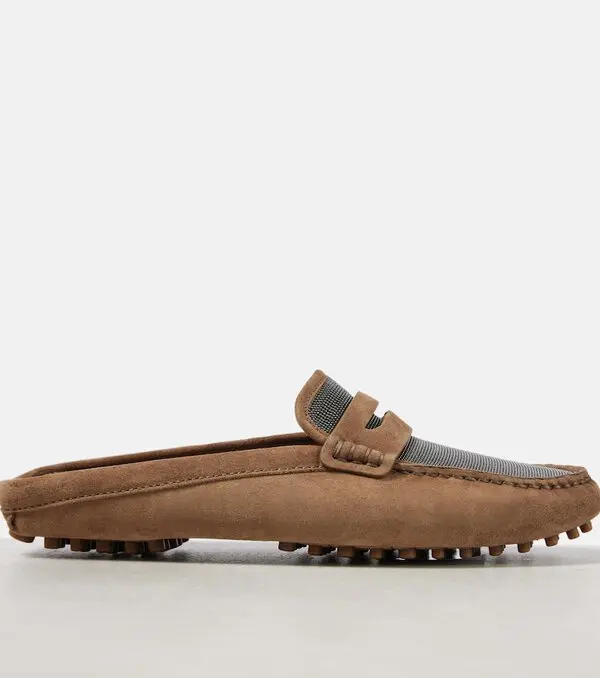 Brunello Cucinelli Monili Suede Driving Mules - Brown