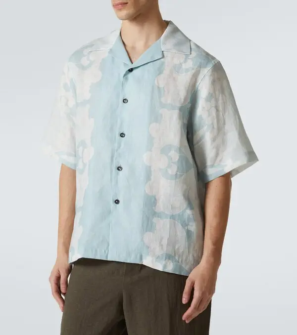Commas Paradise Floral Linen Bowling Shirt - Blue