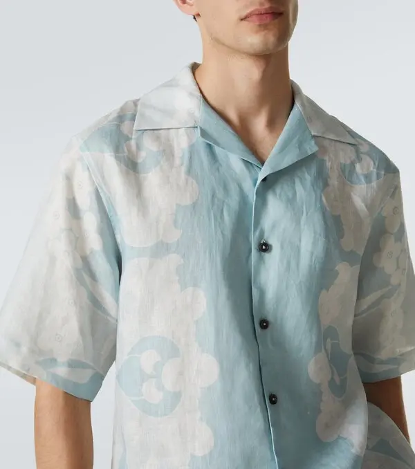 Commas Paradise Floral Linen Bowling Shirt - Blue