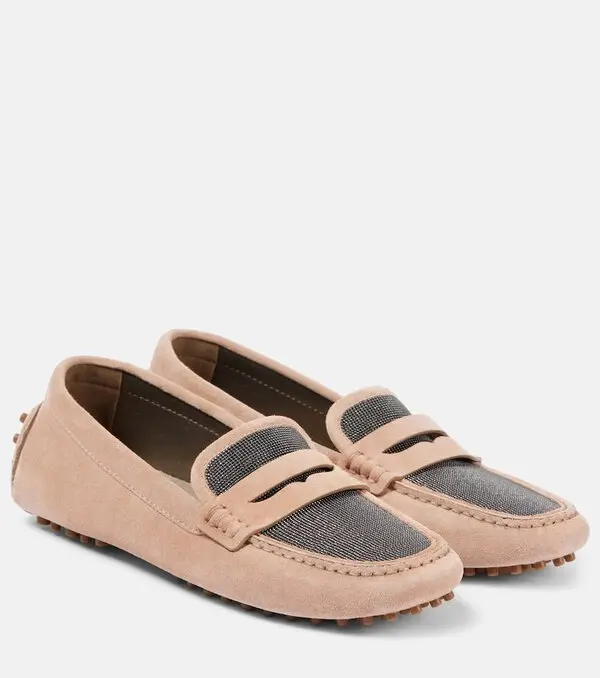 Brunello Cucinelli Monili Suede Driving Loafers - Pink