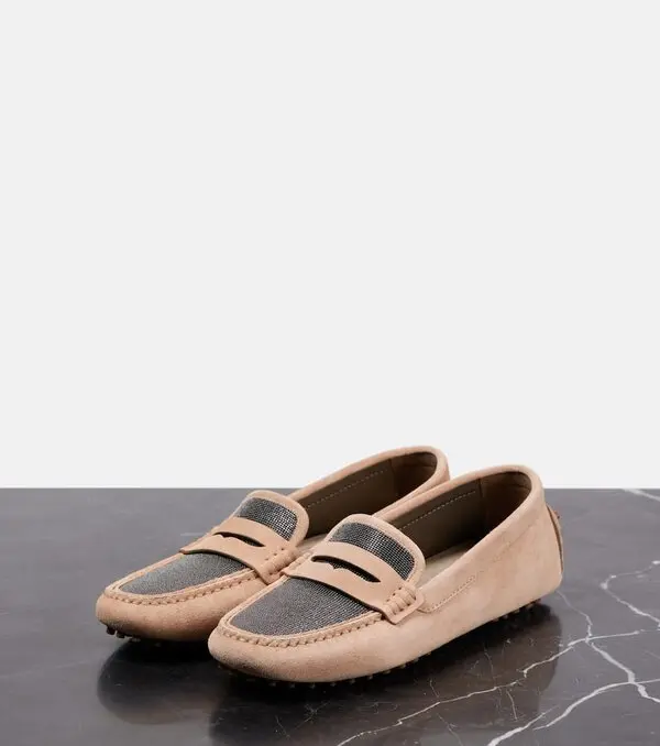 Brunello Cucinelli Monili Suede Driving Loafers - Pink