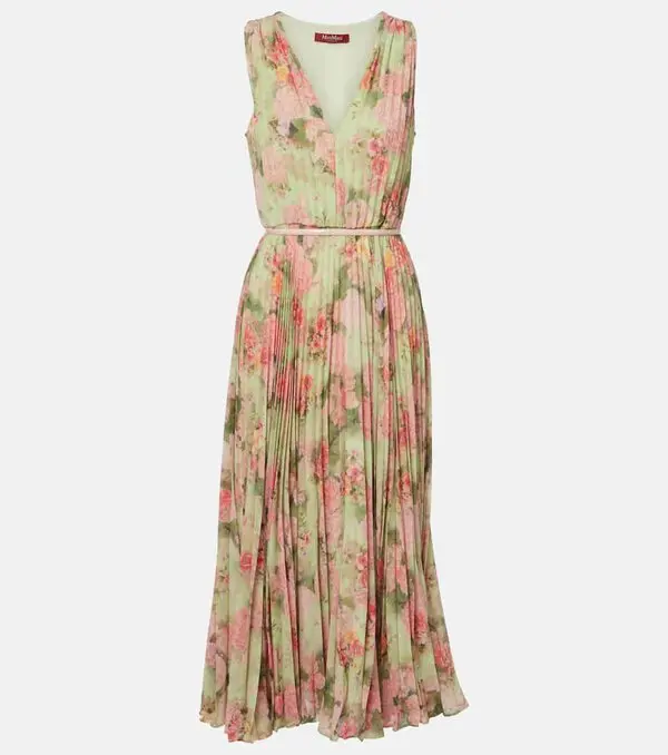 Max Mara Floral Plisse Georgette Midi Dress - Green