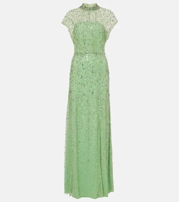 Jenny Packham Crystal Drop Embellished Gown - Green