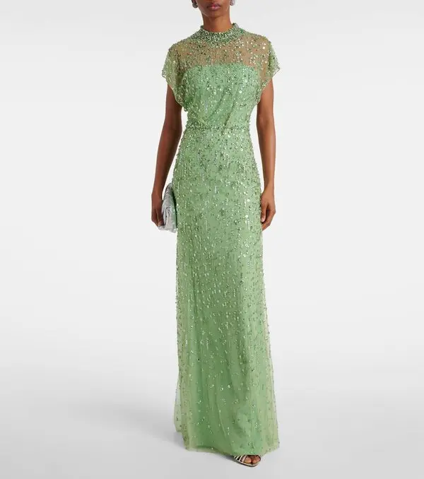 Jenny Packham Crystal Drop Embellished Gown - Green
