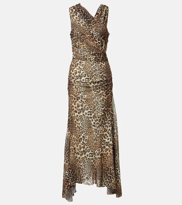 GANNI Leopard-print Mesh Maxi Dress - Multicoloured