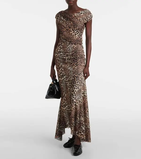 GANNI Leopard-print Mesh Maxi Dress