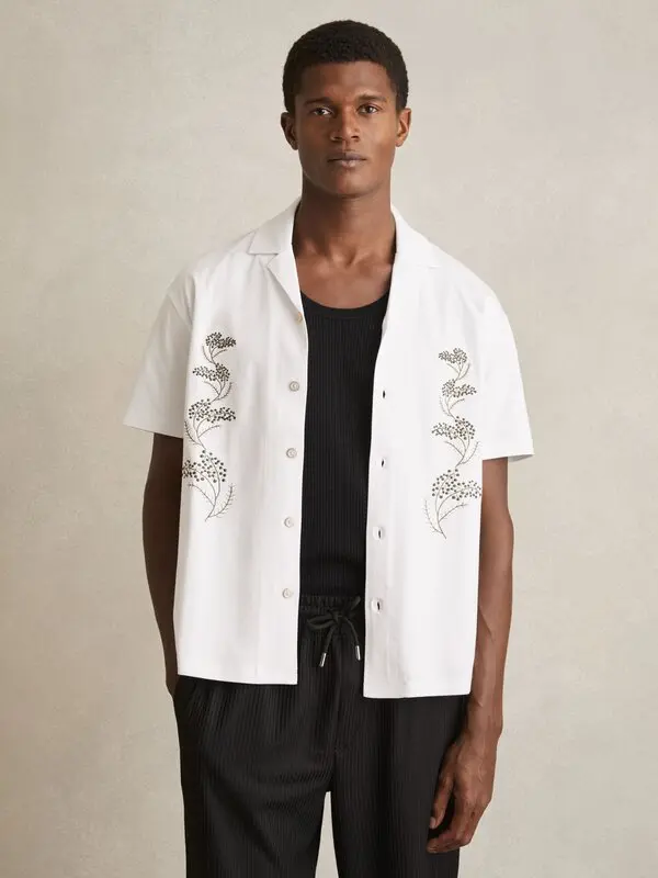REISS Goya Cotton Floral Embroidered Shirt - White