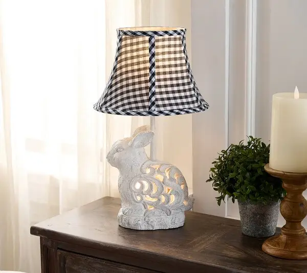 VALERIE PARR HILL Carved Bunny Lamp With Checked Shade Valerie - One-color