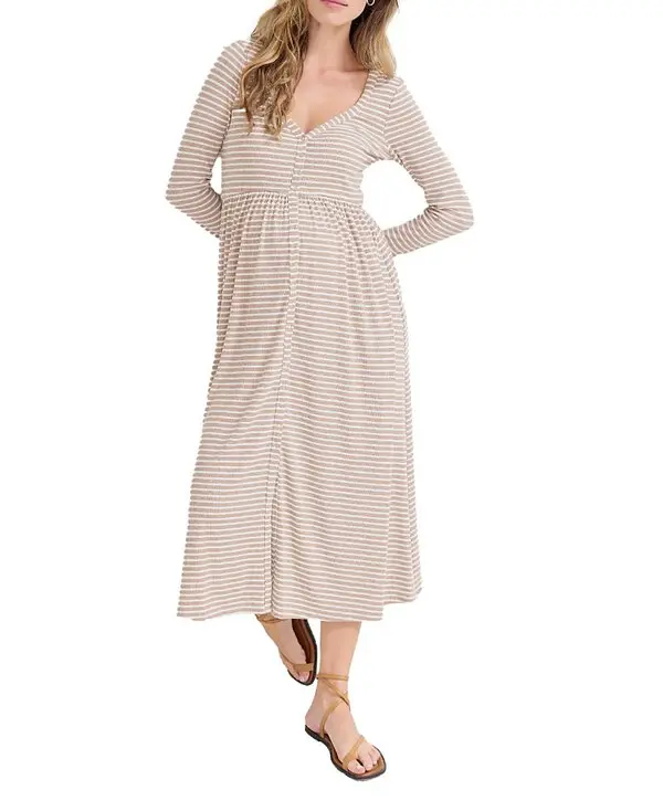 Hatch Collection Rib Knit Maternity And Nursing Dress - Biscotti/ivory Stripe