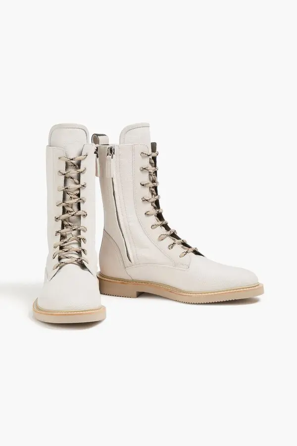 Brunello Cucinelli Bead-embellished Canvas Combat Boots - Ecru