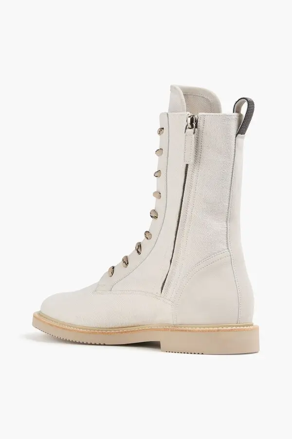 Brunello Cucinelli Bead-embellished Canvas Combat Boots - Ecru