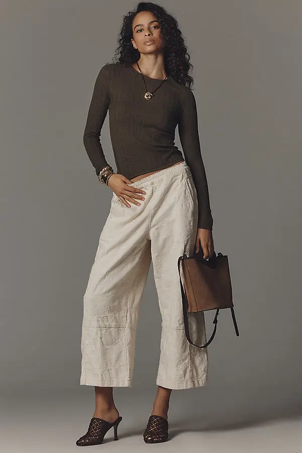 PILCRO Izzie Relaxed Jacquard Barrel Pants - Natural