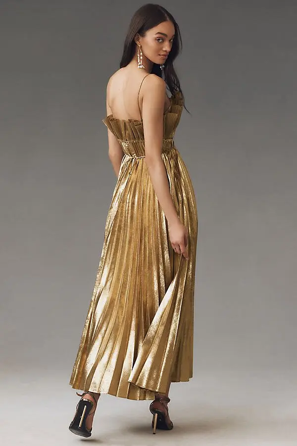 slim fit dress slacks Metallic Gold Pleated Maxi Dress – Ardire Collection main image 0