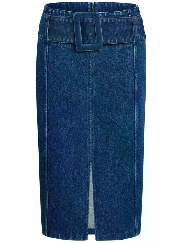 PATOU Belted Denim Midi Skirt - Blue