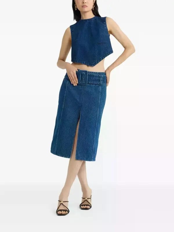 PATOU Belted Denim Midi Skirt - Blue