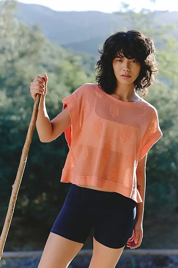 Free People My Time Lace Tee - Neon Coral