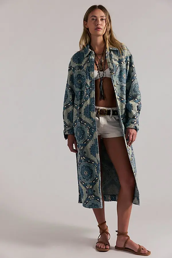 Free People We The Free Brick Lane Jacquard Maxi Shirt Jacket - Blue Combo