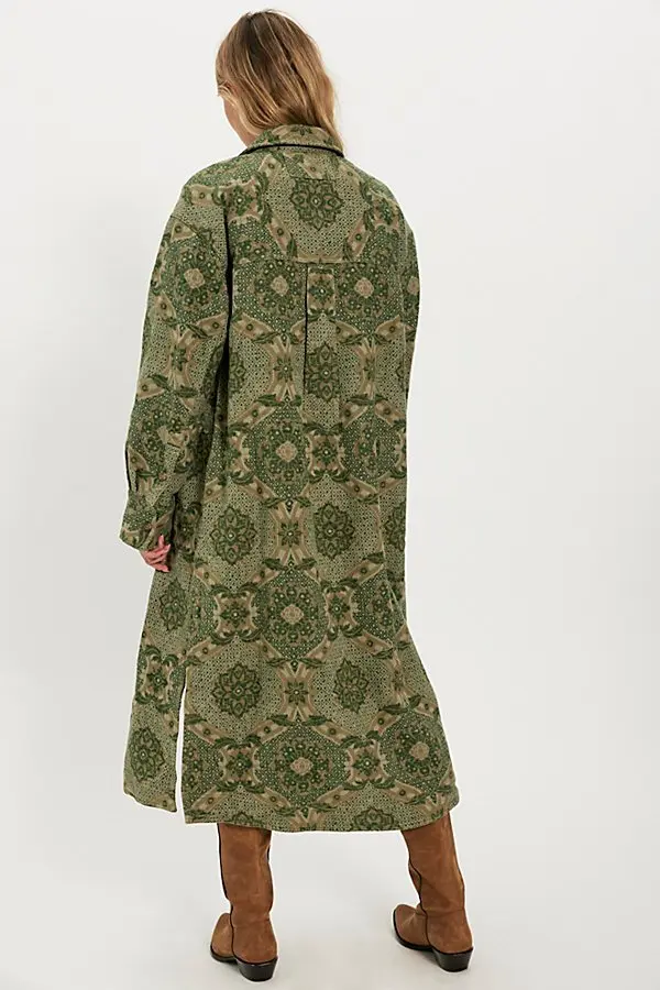 Free People We The Free Brick Lane Jacquard Maxi Shirt Jacket - Olive Combo