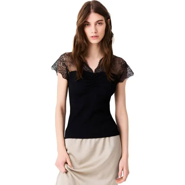 Maje Jersey Top With Lace Trim - Black