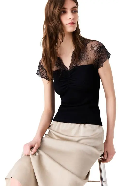 Maje Jersey Top With Lace Trim