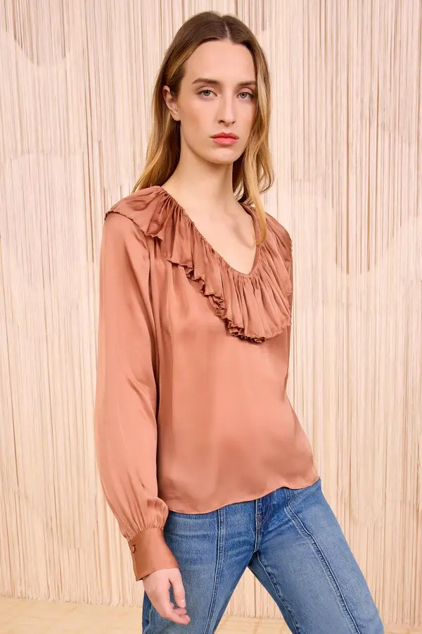 Ulla Johnson Liese Silk Ruffle Neckline Long Sleeve Blouse - Desert Rose