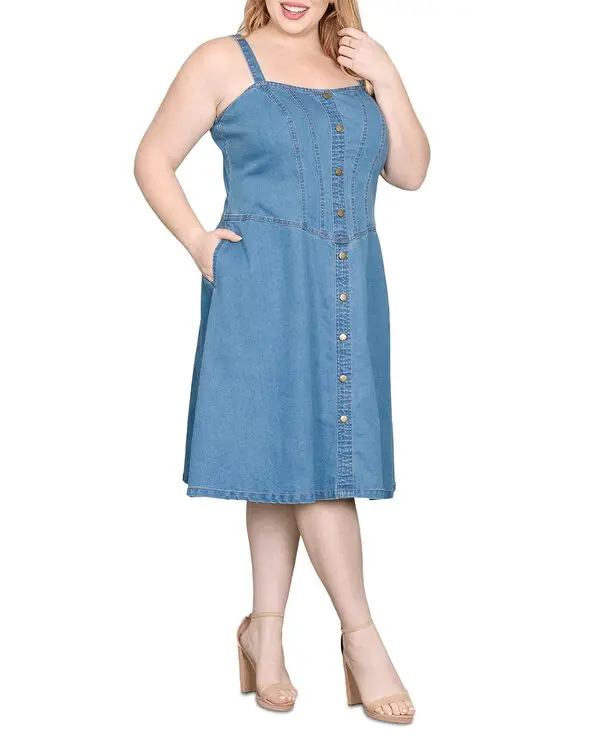 thick strap denim dress Square Neck Wide Strap Denim Dress Light Blue / L