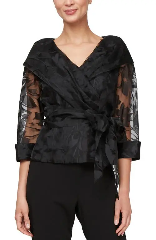 Alex Evenings Floral Tie Belt Three-quarter Sleeve Top