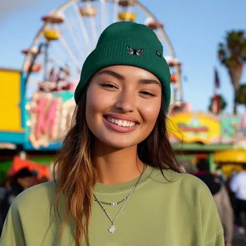 DALIX Butterfly Embroidered Beanie - Green