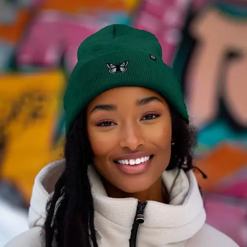 DALIX Butterfly Embroidered Beanie - Green