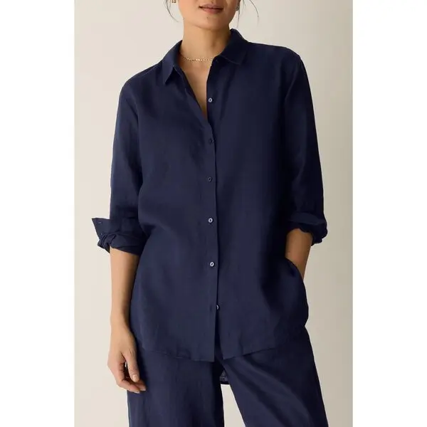 Eileen Fisher Classic Collar Organic Linen Long Shirt - Ink