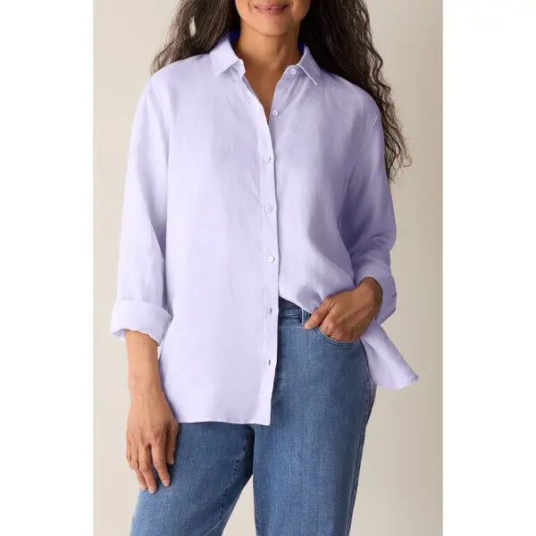Eileen Fisher Classic Collar Organic Linen Long Shirt - Lilac Frost