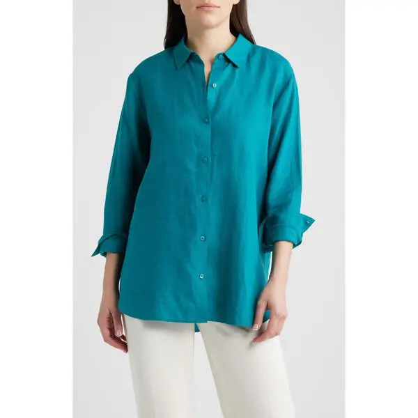 Eileen Fisher Classic Collar Organic Linen Long Shirt - Teal