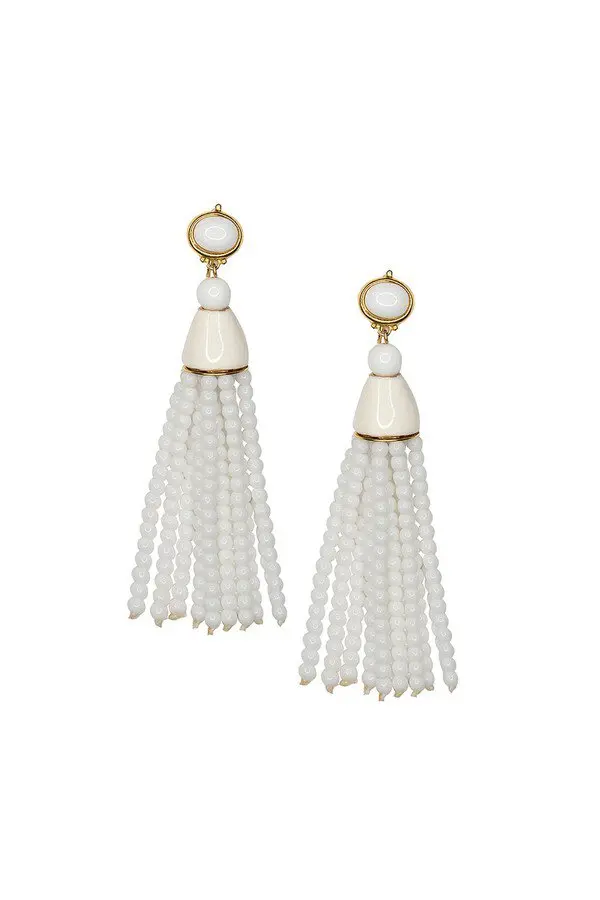 KENNETH JAY LANE White Beaded Tassel Earrings - Gold
