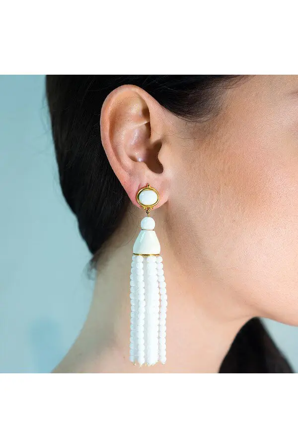 KENNETH JAY LANE White Beaded Tassel Earrings