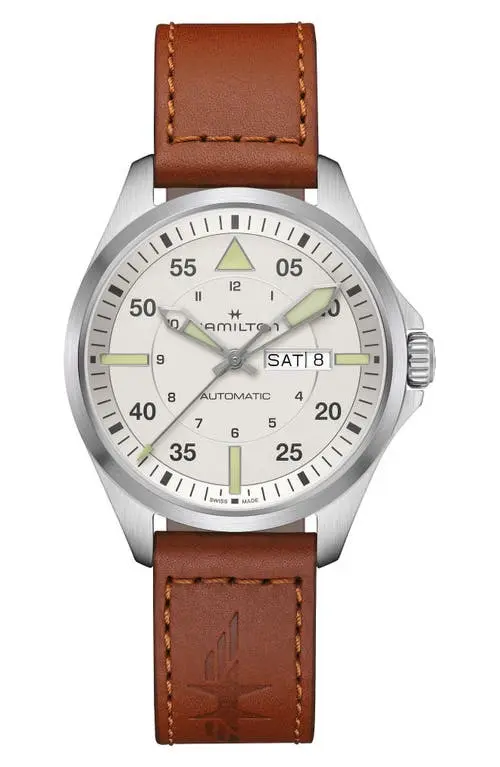 Hamilton Khaki Aviation Pilot Automatic Leather Strap Watch - Silver