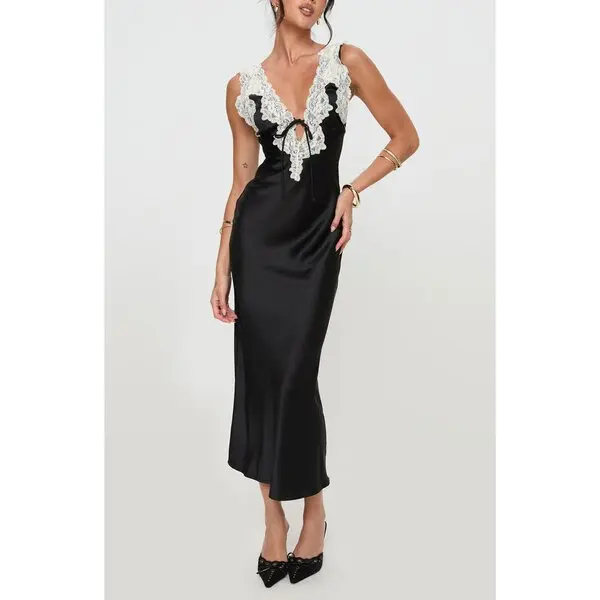 Princess Polly Lace Trim Satin Cocktail Dress - Black