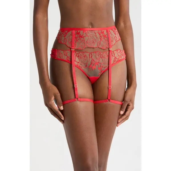 Bluebella Rosalie Embroidered Mesh Garter Belt With Thigh Straps - Red/sheer