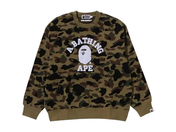 A BATHING APE 1st Camo Jacquard College Relax Fit Crewneck Sweatshirt - Green