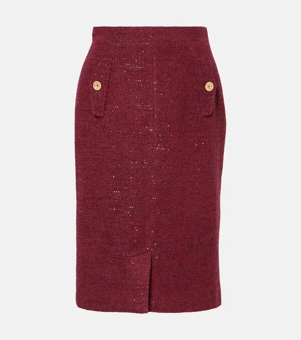 Alessandra Rich Sequined Tweed Pencil Skirt - Red