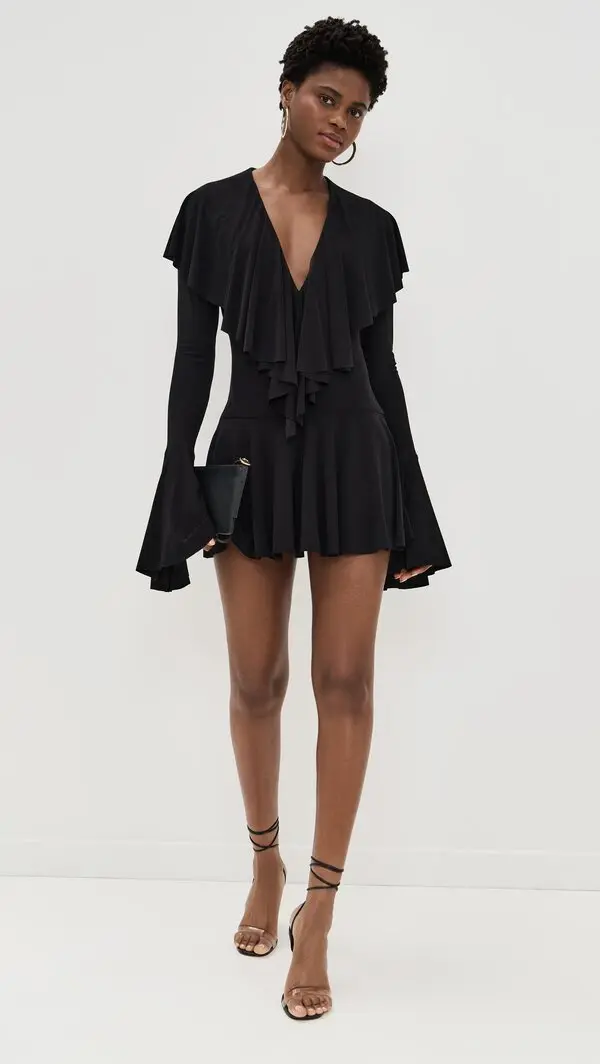 Norma Kamali Long Sleeve Ruffle Mini Dress - Black