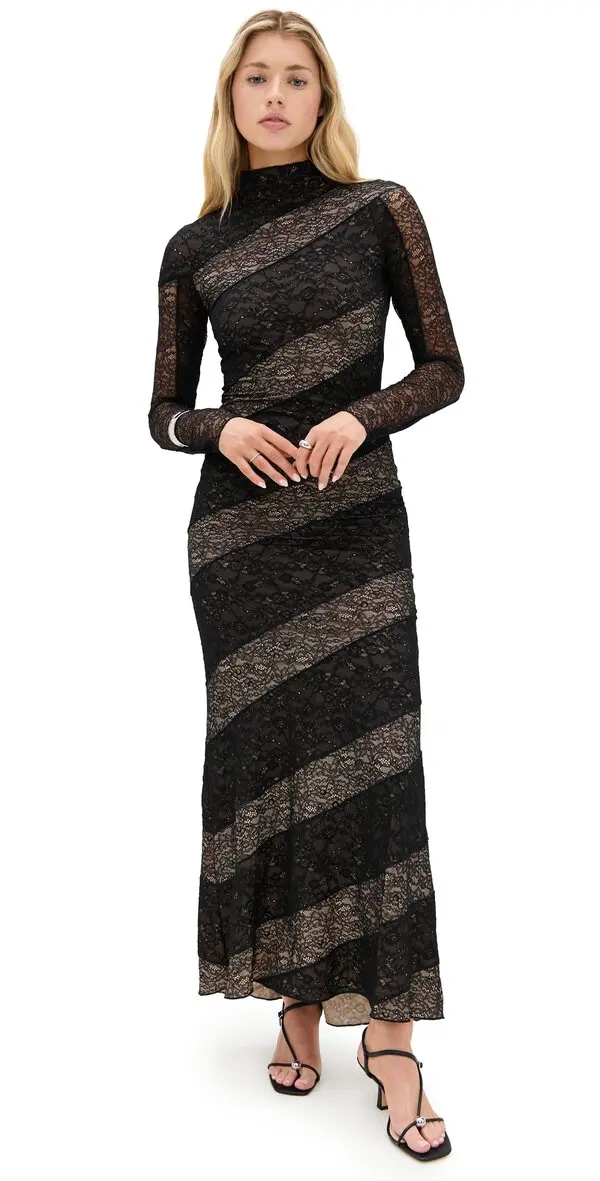 alice olivia black lace dress DELORA LACE PANELED DRESS in BLACK
