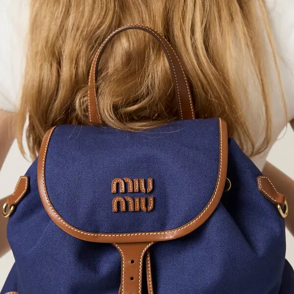 Miu Miu Canvas And Leather Backpack - Cornflower Blue/brandy