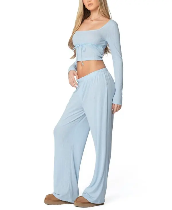 EDIKTED Ren Square Neck Pointelle Top - Light Blue