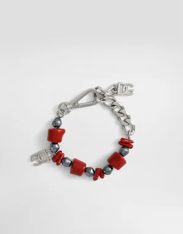 Dolce & Gabbana Metal Bracelet With Coral Details And Logo - Silver